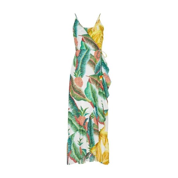 FARM Rio | Dresses | Nwt Farm Rio Azalea Forest Wrap Midi In White Palm ...